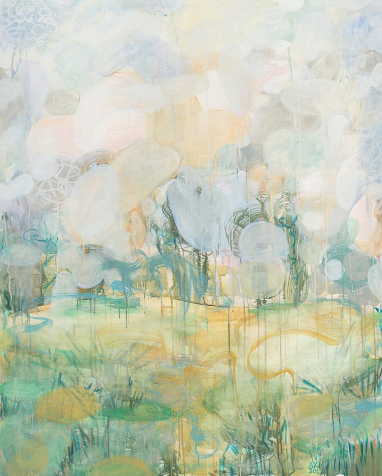 Alex K. Mason - Large Abstract Nature Painting on Canvas, Mixed Media Art Green, Pink, Blue ...