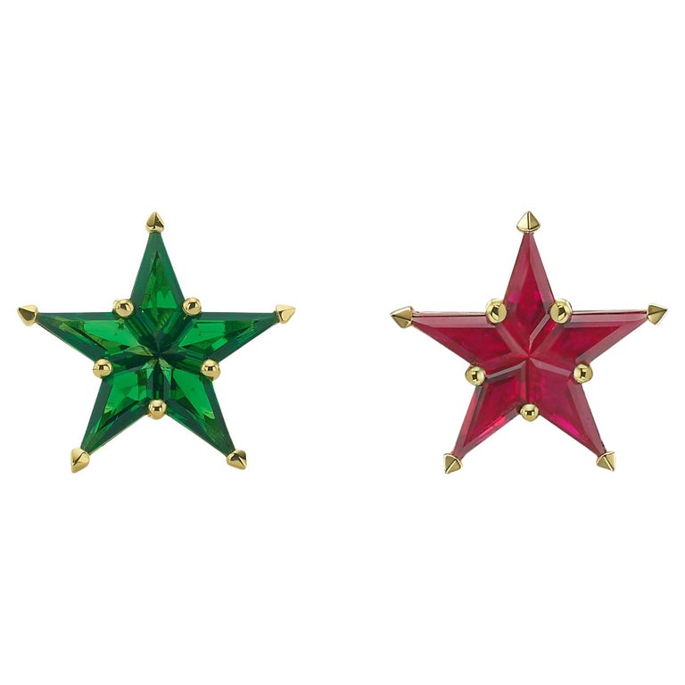 Alex Kou Tsavorite and Ruby Star Stud Earrings For Sale at 1stDibs