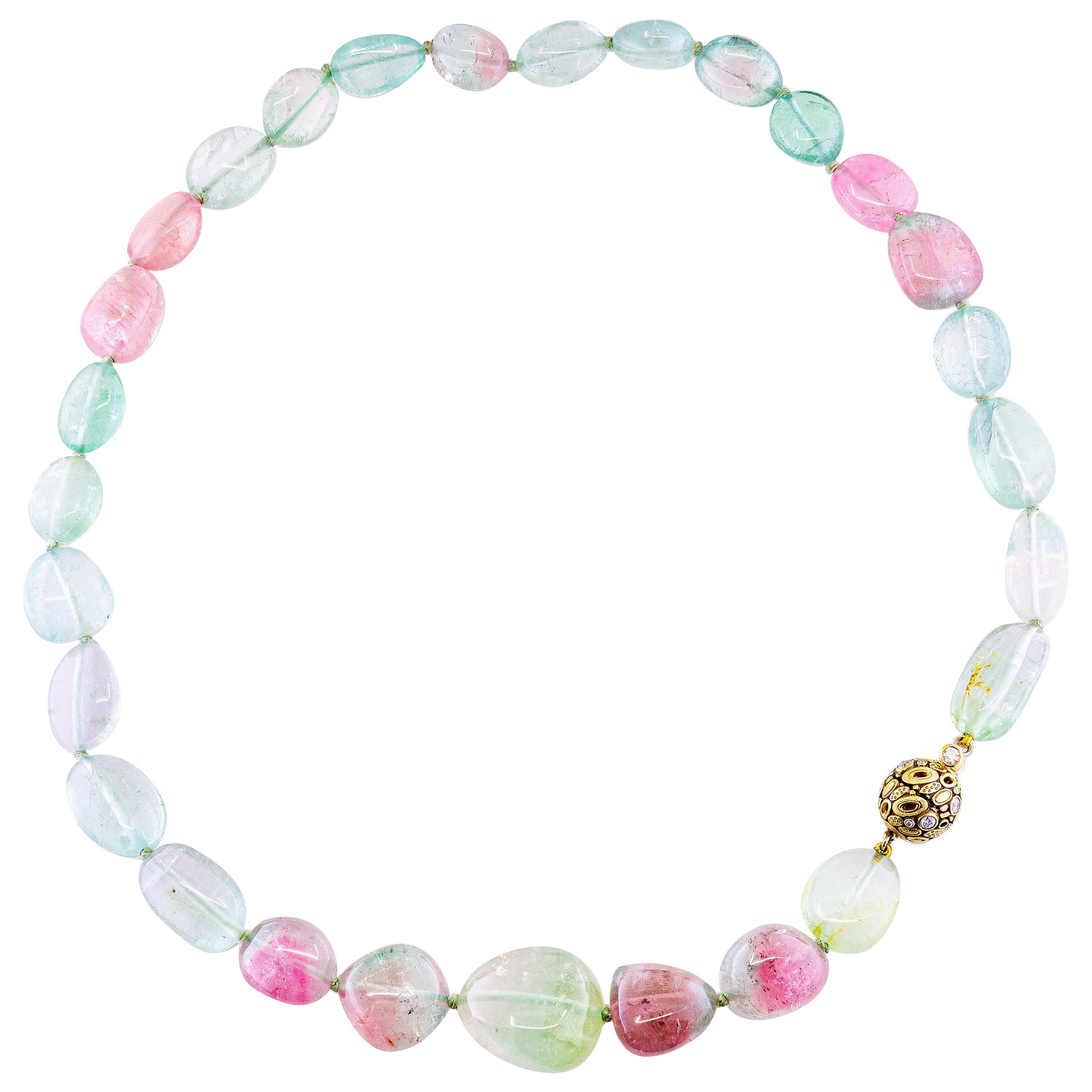 Multi-Row Watermelon Tourmaline Gold Necklace For Sale at 1stDibs