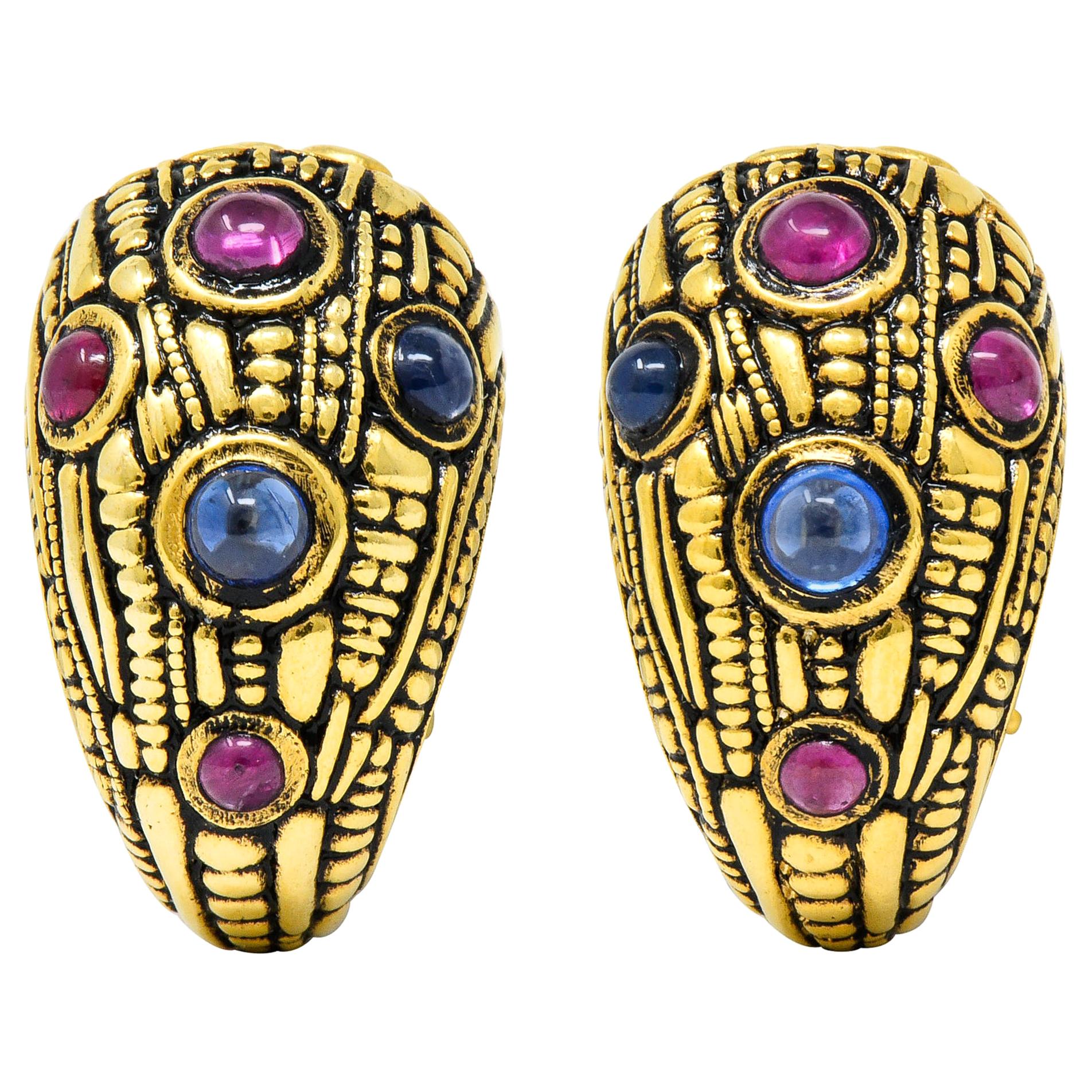 Alex Sepkus Sapphire Ruby 18 Karat Gold J Hoop Earrings at 1stDibs