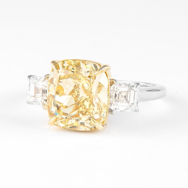 Alexander GIA 5.03ct Fancy Yellow Diamond Three-Stone Ring 18k Two Tone For Sale at 1stDibs