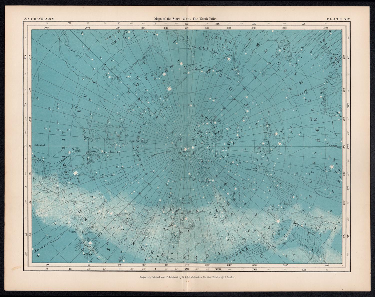 Maps of the Stars. The North Pole, antique astronomy constellations map ...