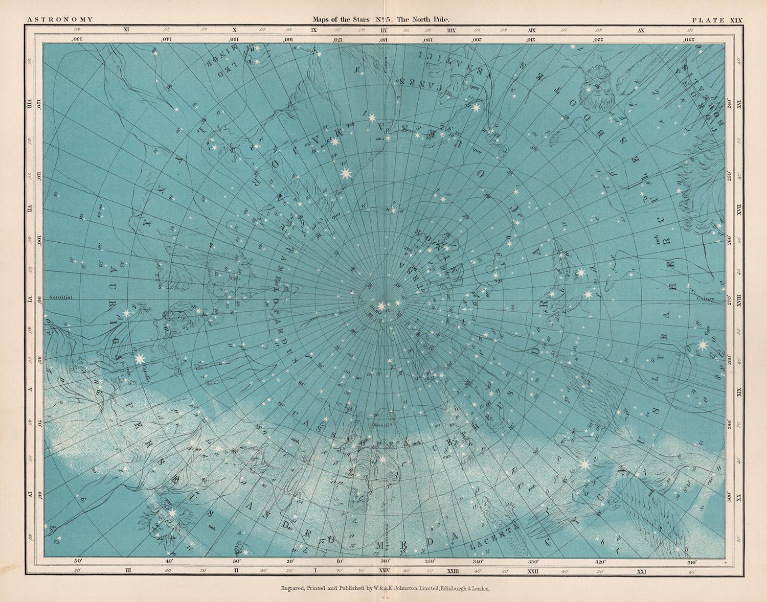 Maps of the Stars. The North Pole, antique astronomy constellations map ...