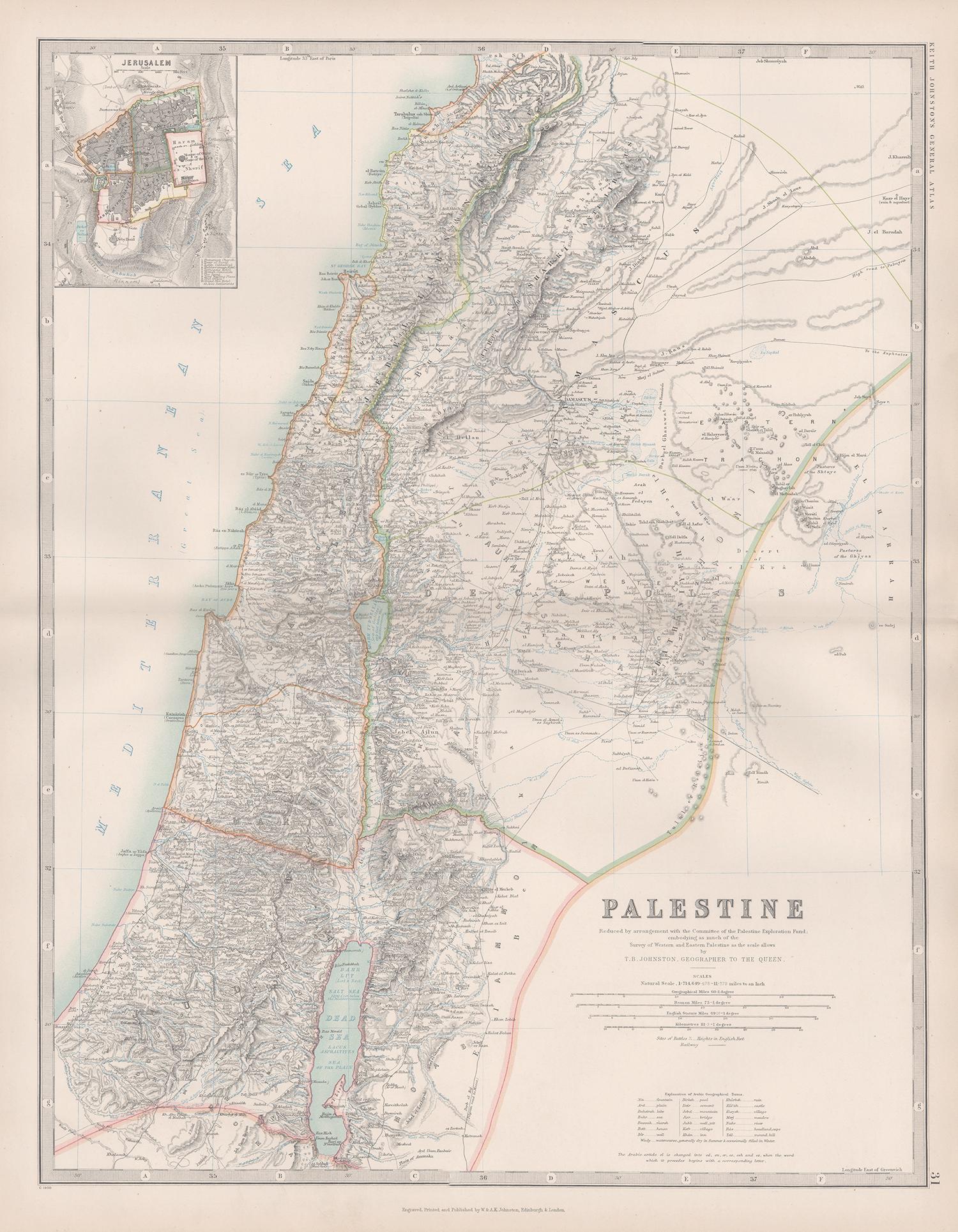 Palestine, antique Holy Land map print by Alexander Keith Johnston ...