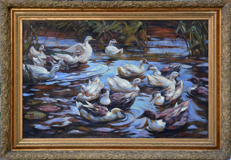 German Modernist Masterwork Ducks in pond Oil painting For Sale at 1stDibs