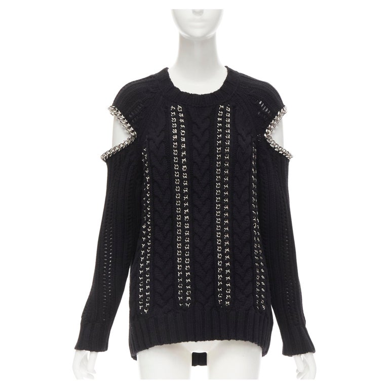 ALEXANDER MCQUEEN 100% cashmere black silver chain cable knit cut out ...