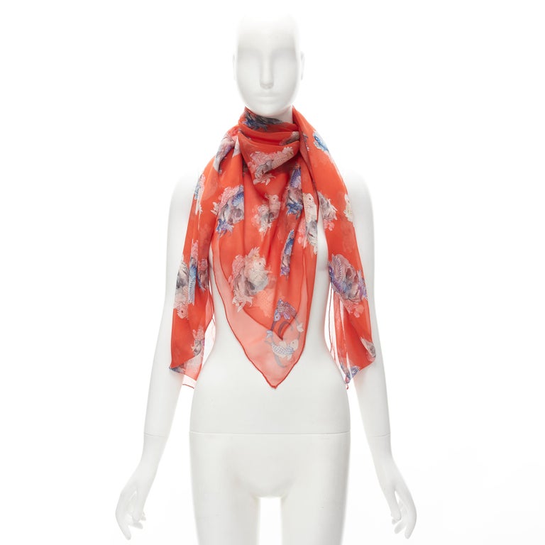 ALEXANDER MCQUEEN 100% silk red koi fish skeleton skull print scarf For ...