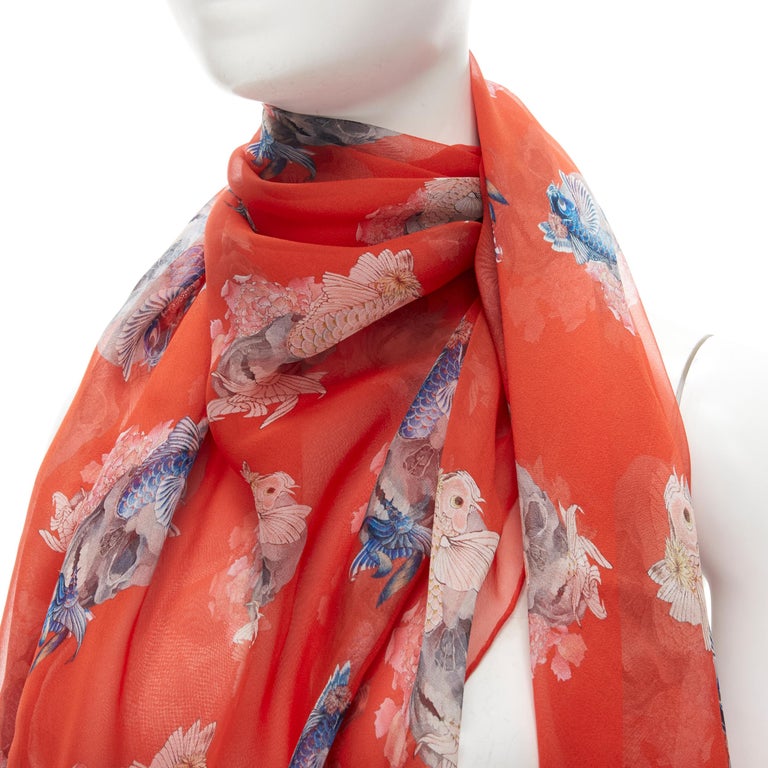 ALEXANDER MCQUEEN 100% silk red koi fish skeleton skull print scarf For ...
