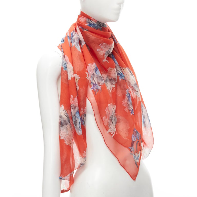 ALEXANDER MCQUEEN 100% silk red koi fish skeleton skull print scarf For ...
