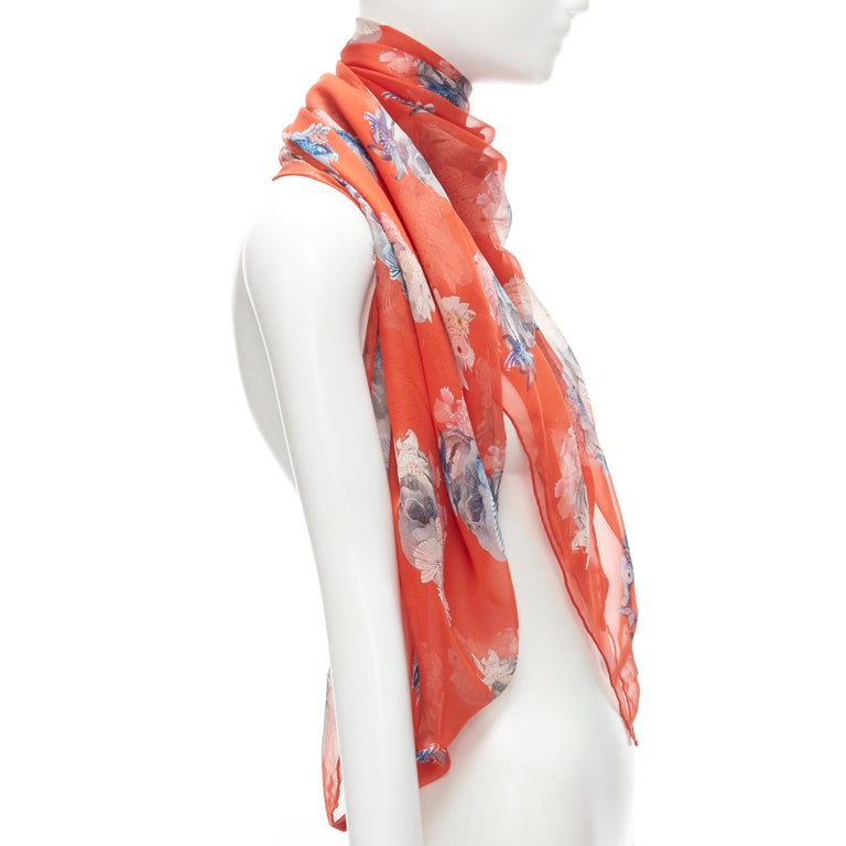 ALEXANDER MCQUEEN 100% silk red koi fish skeleton skull print scarf For ...