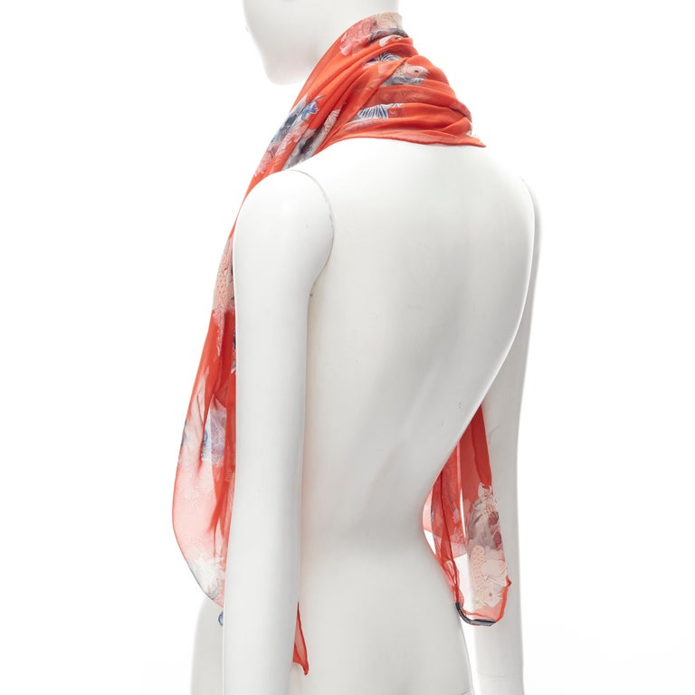 ALEXANDER MCQUEEN 100% silk red koi fish skeleton skull print scarf For ...