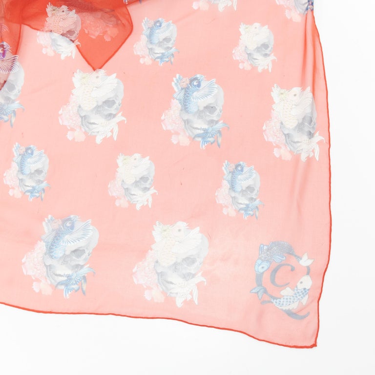 ALEXANDER MCQUEEN 100% silk red koi fish skeleton skull print scarf For ...