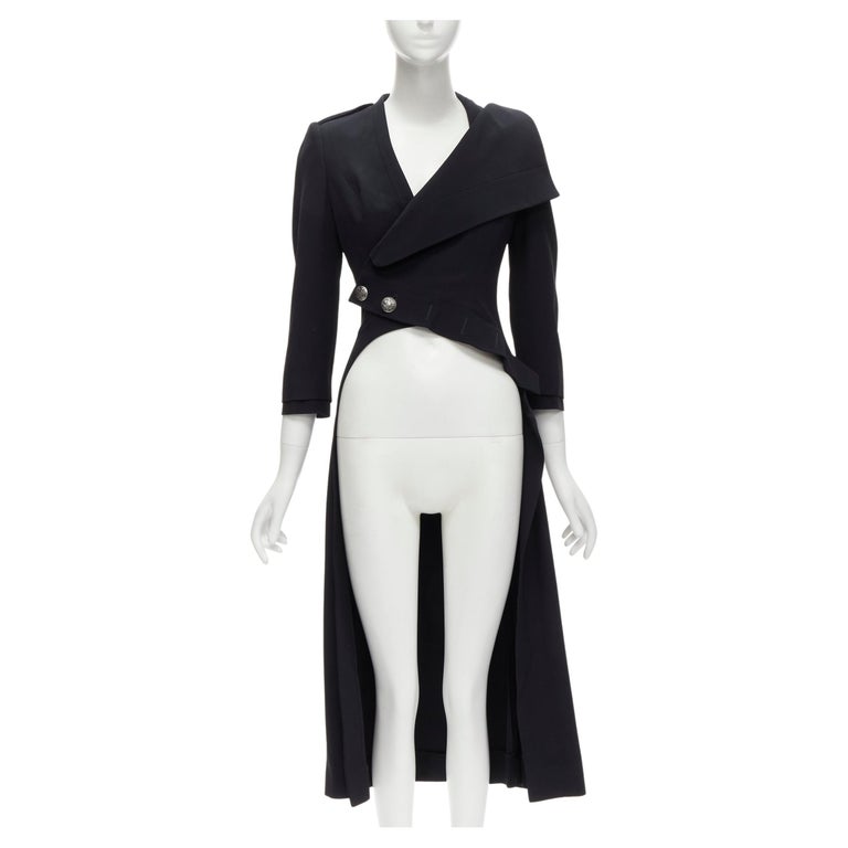 ALEXANDER MCQUEEN 2015 black draped wrap collar high low evening coat ...