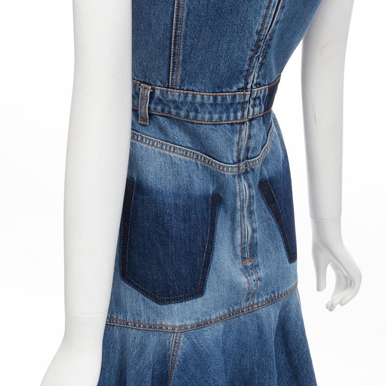ALEXANDER MCQUEEN 2021 Runway washed denim shadow bodice midi dress ...