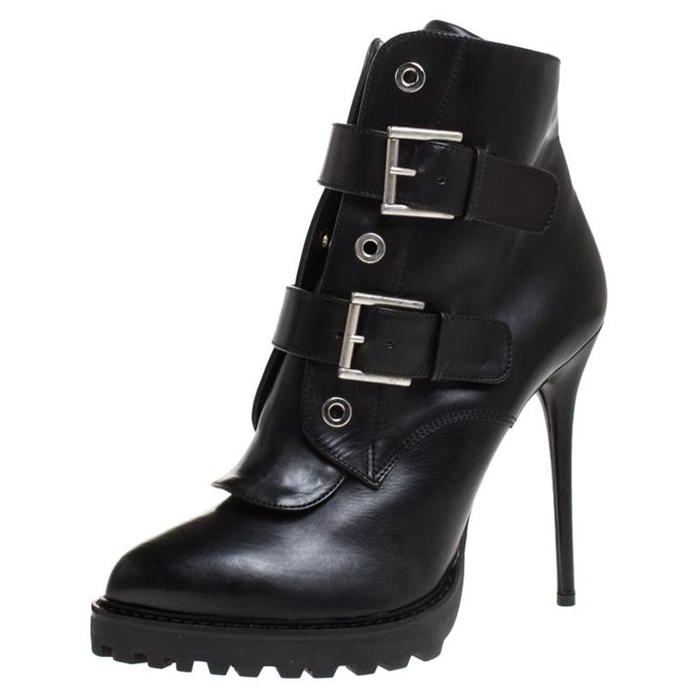 Alexander McQueen Black Leather Buckle Ankle Boots Size 40 at 1stDibs ...