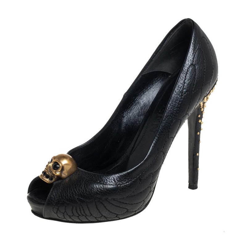 Alexander McQueen Black Leather Crystal Embellished Skull Peep Toe Pumps Size 37 at 1stDibs