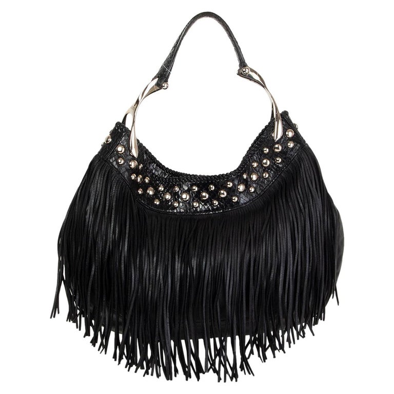 ALEXANDER MCQUEEN black leather and PYTHON WISHBONE FRINGE HOBO ...