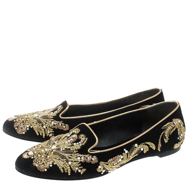 Alexander McQueen Black Velvet Embroidered Smoking Slippers Size 38.5 ...