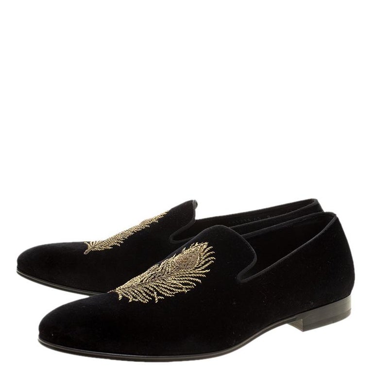 Alexander McQueen Black Velvet Feather Embroidered Smoking Slippers ...