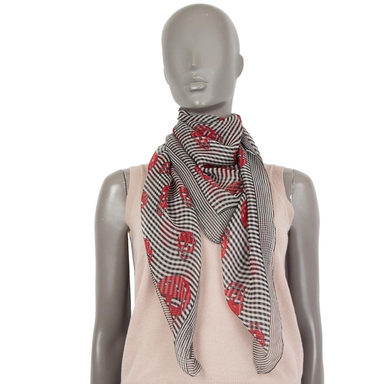 ALEXANDER MCQUEEN black and white silk chiffon STRIPED RED SKULL Scarf ...