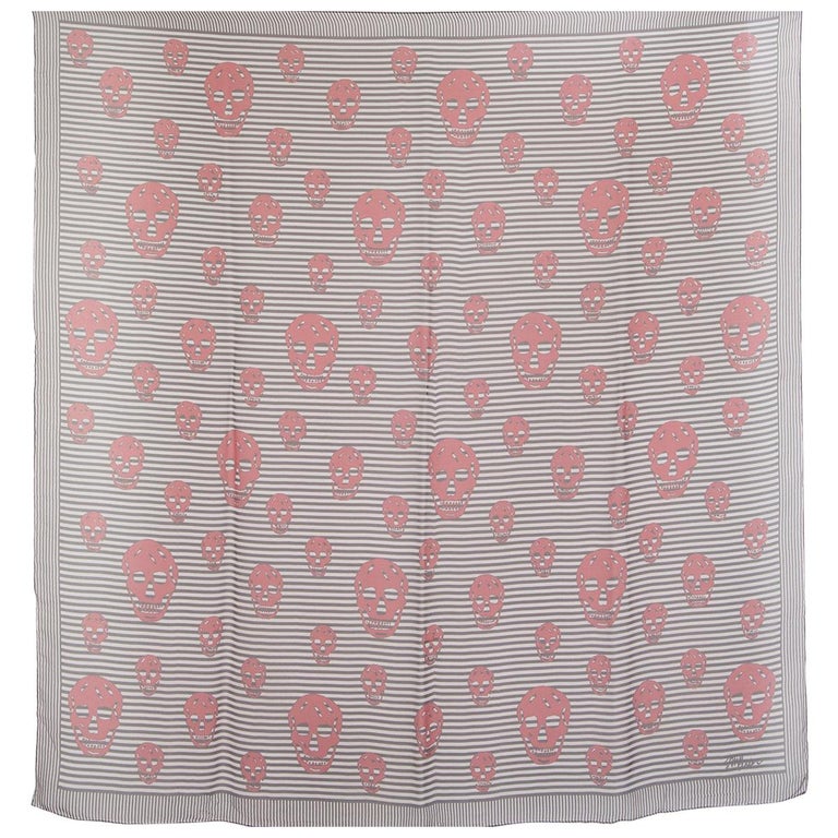 ALEXANDER MCQUEEN black and white silk chiffon STRIPED RED SKULL Scarf ...