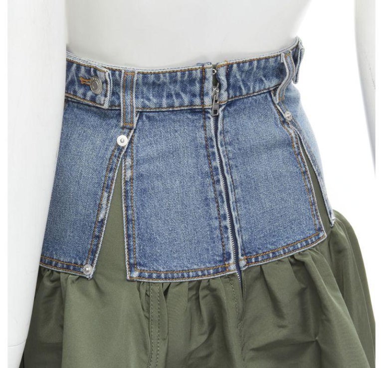 ALEXANDER MCQUEEN blue denim green taffeta deconstructed flared skirt ...