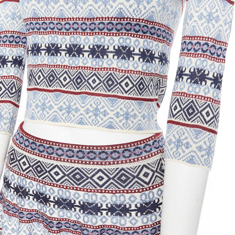 ALEXANDER MCQUEEN blue ethnic intarsia cropped top lace insert skirt ...