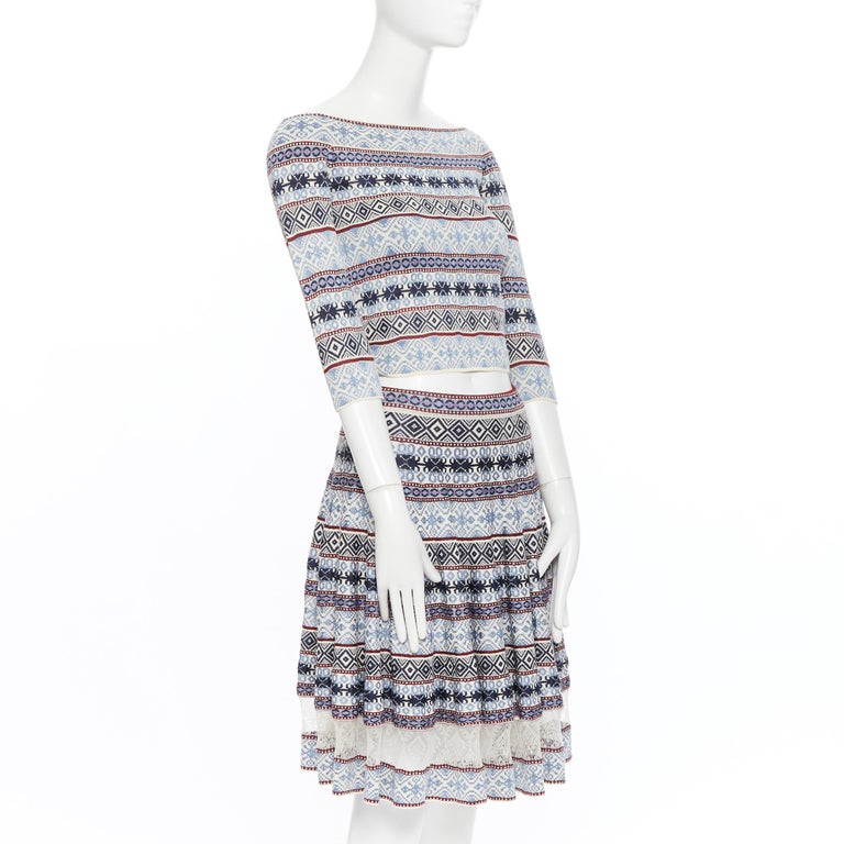 ALEXANDER MCQUEEN blue ethnic intarsia cropped top lace insert skirt ...
