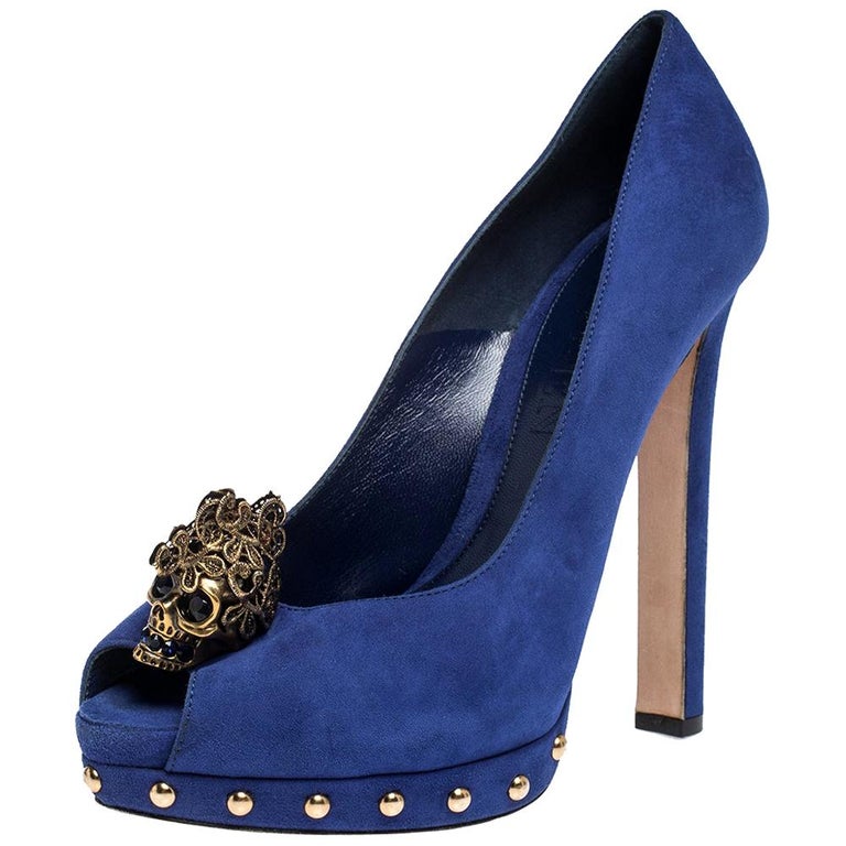 Alexander McQueen Blue Suede Crystal Skull Peep Toe Platform Pumps Size ...