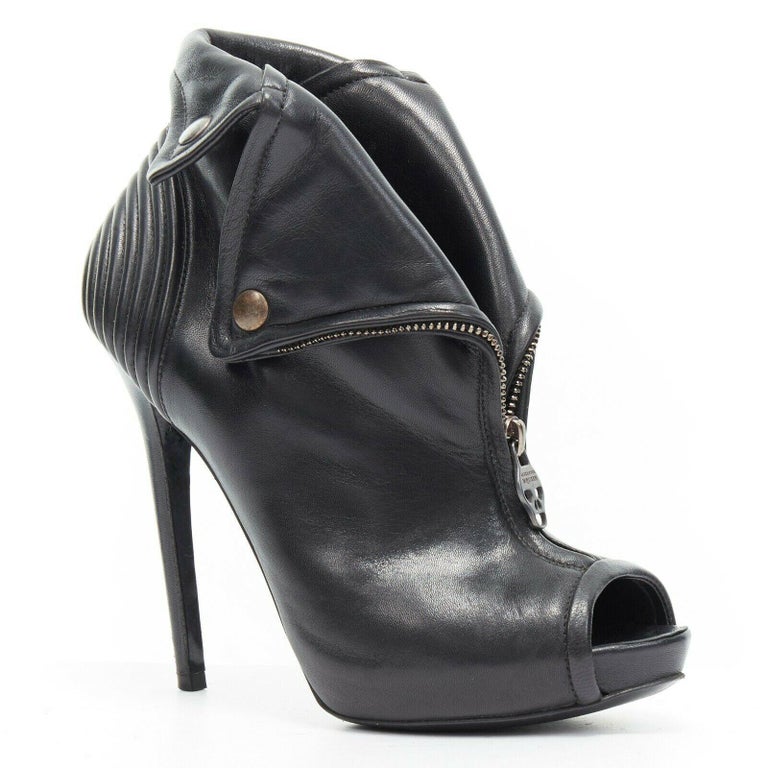 ALEXANDER MCQUEEN Faithful black leather skull zip biker peeptoe bootie ...
