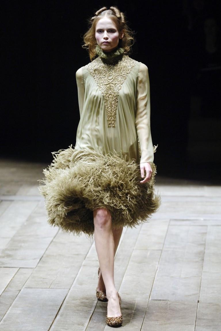 Alexander McQueen green silk chiffon and ostrich feather evening dress ...