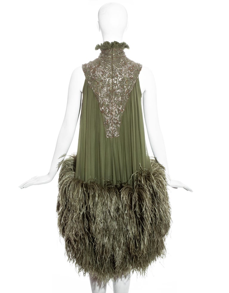 Alexander McQueen green silk chiffon and ostrich feather evening dress ...