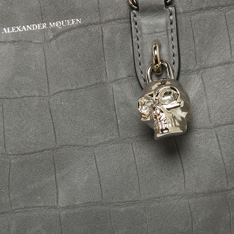 Alexander McQueen Grey Nubuck Leather Skull Padlock Tote For Sale at ...