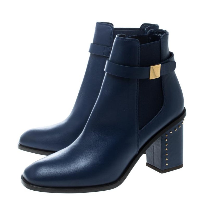 Alexander McQueen Midnight Blue Leather Studded Heel Ankle Boots Size ...
