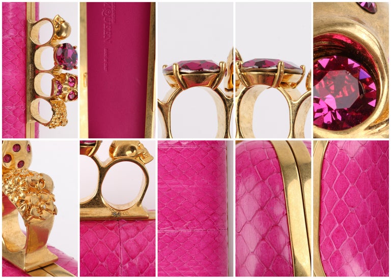 ALEXANDER MCQUEEN Pink Snakeskin Skull Knuckle-Duster Box Clutch at ...