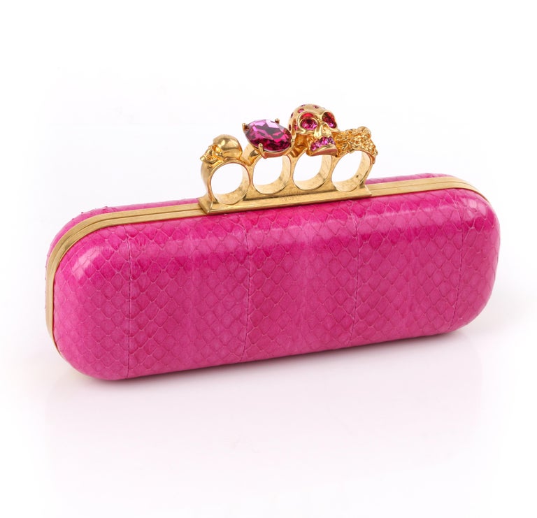 ALEXANDER MCQUEEN Pink Snakeskin Skull Knuckle-Duster Box Clutch at ...
