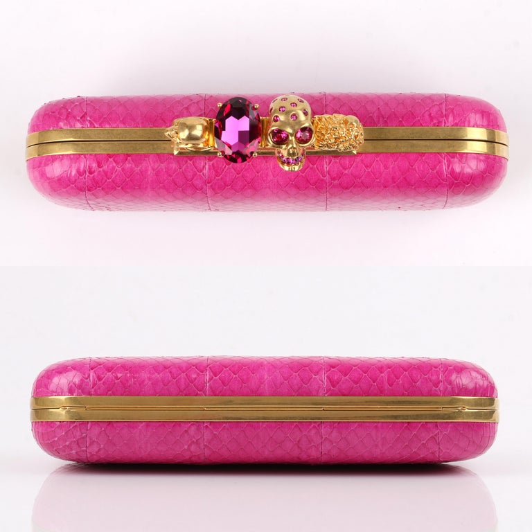 ALEXANDER MCQUEEN Pink Snakeskin Skull Knuckle-Duster Box Clutch at ...