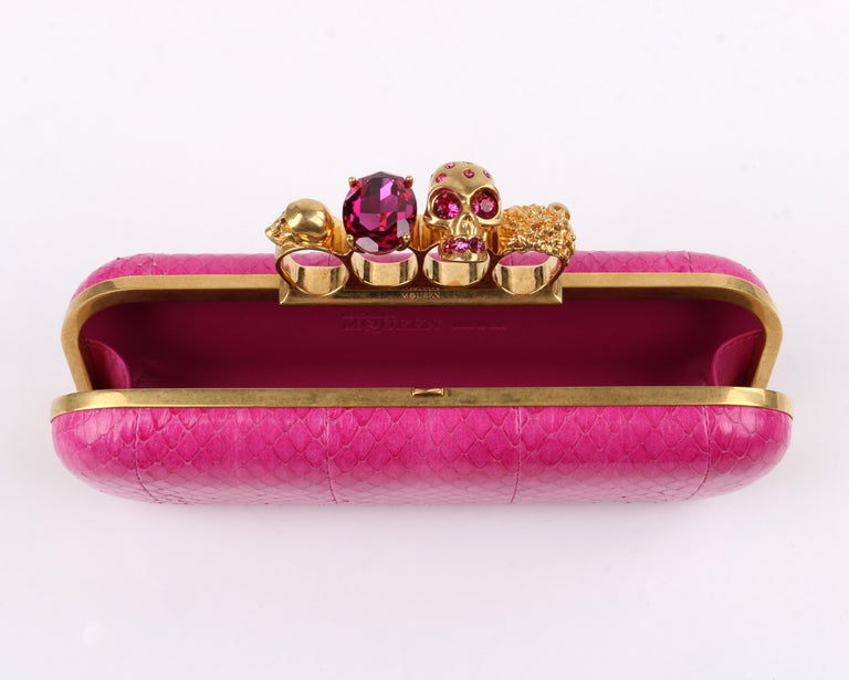 ALEXANDER MCQUEEN Pink Snakeskin Skull Knuckle-Duster Box Clutch at ...
