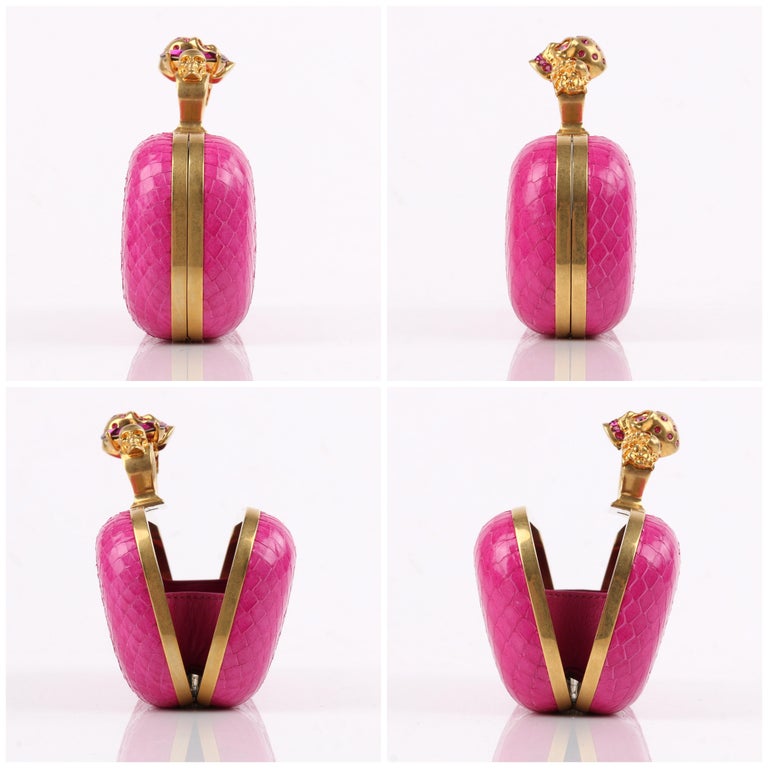 ALEXANDER MCQUEEN Pink Snakeskin Skull Knuckle-Duster Box Clutch at ...