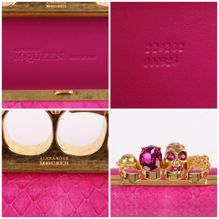 ALEXANDER MCQUEEN Pink Snakeskin Skull Knuckle-Duster Box Clutch at ...