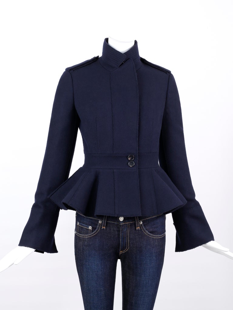 Alexander McQueen Pre-Fall 2015 Navy Wool Peplum Military Style Blazer ...
