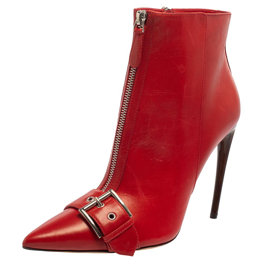 Alexander McQueen Red Leather Ankle Length Boots Size 41 at 1stDibs