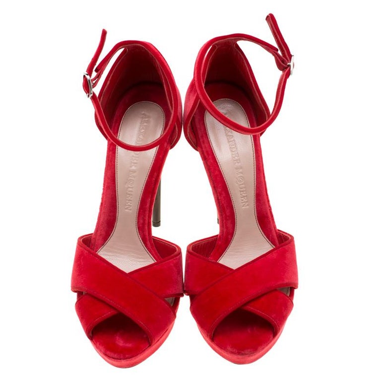 Alexander McQueen Red Velvet Ankle Strap Platfrom Sandals Size 40 For ...