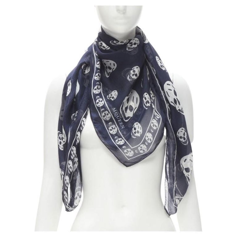 ALEXANDER MCQUEEN Signature navy blue white skeleton skull print scarf ...