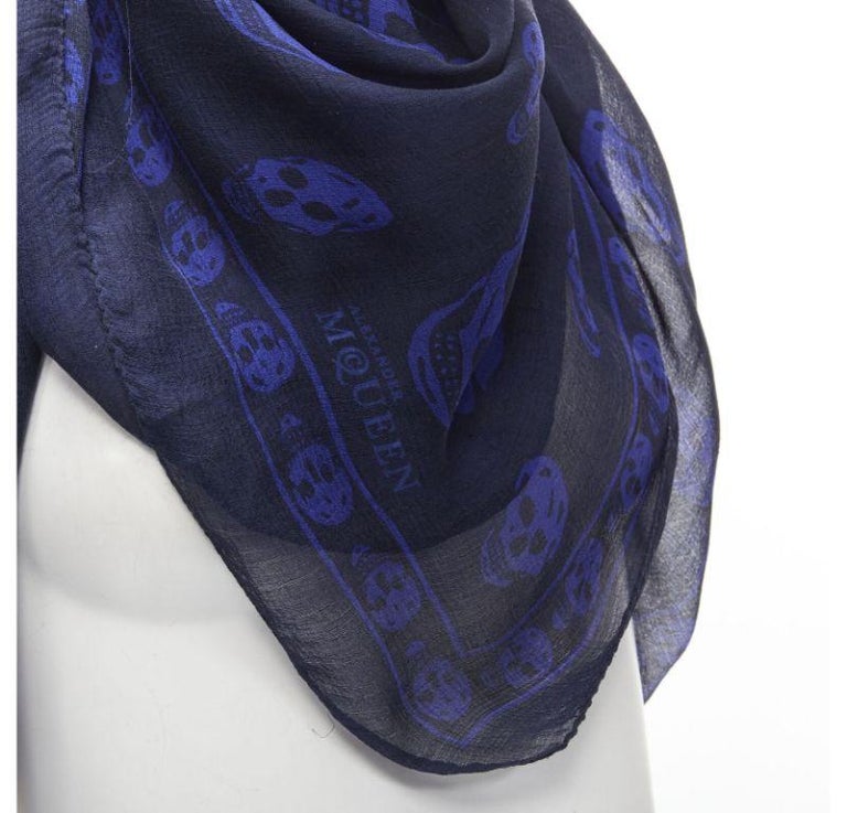 ALEXANDER MCQUEEN Signature navy cobalt blue skeleton skull print scarf ...