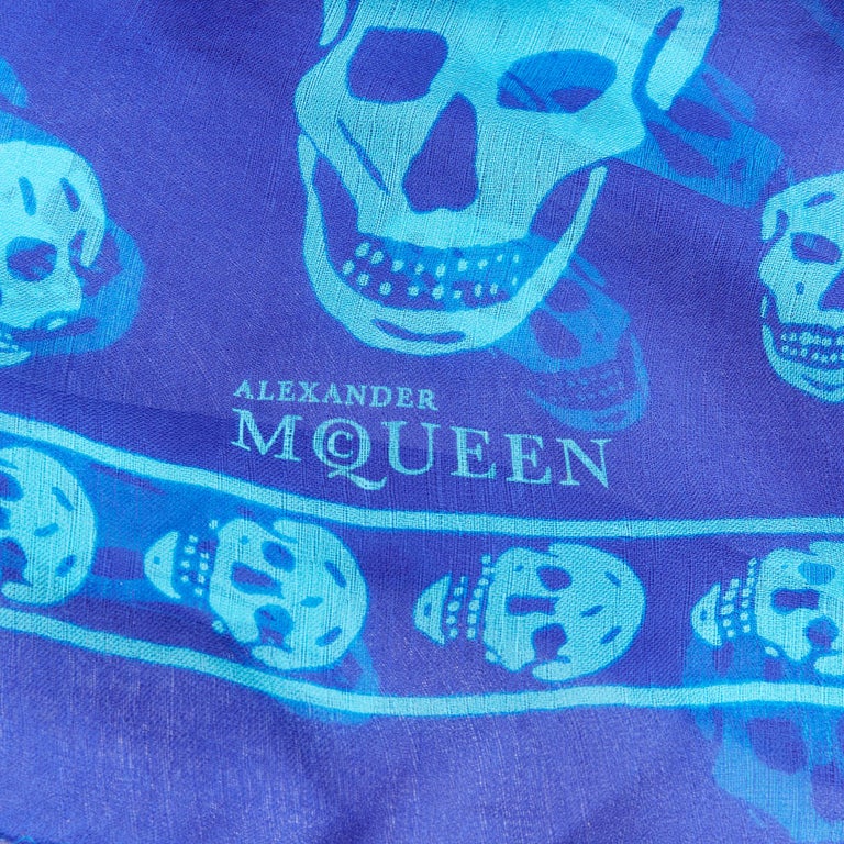 ALEXANDER MCQUEEN Signature skeleton skull cobalt sky blue silk scarf ...