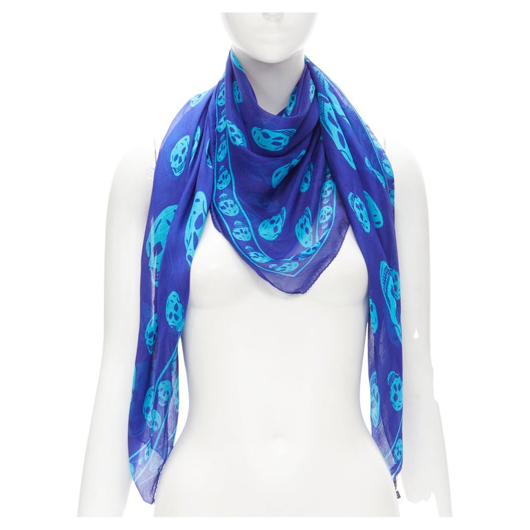 ALEXANDER MCQUEEN Signature skeleton skull cobalt sky blue silk scarf ...