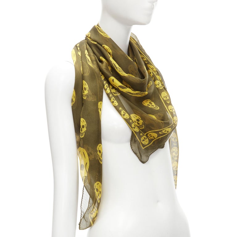 ALEXANDER MCQUEEN Signature skeleton skull green yellow 100% silk scarf ...