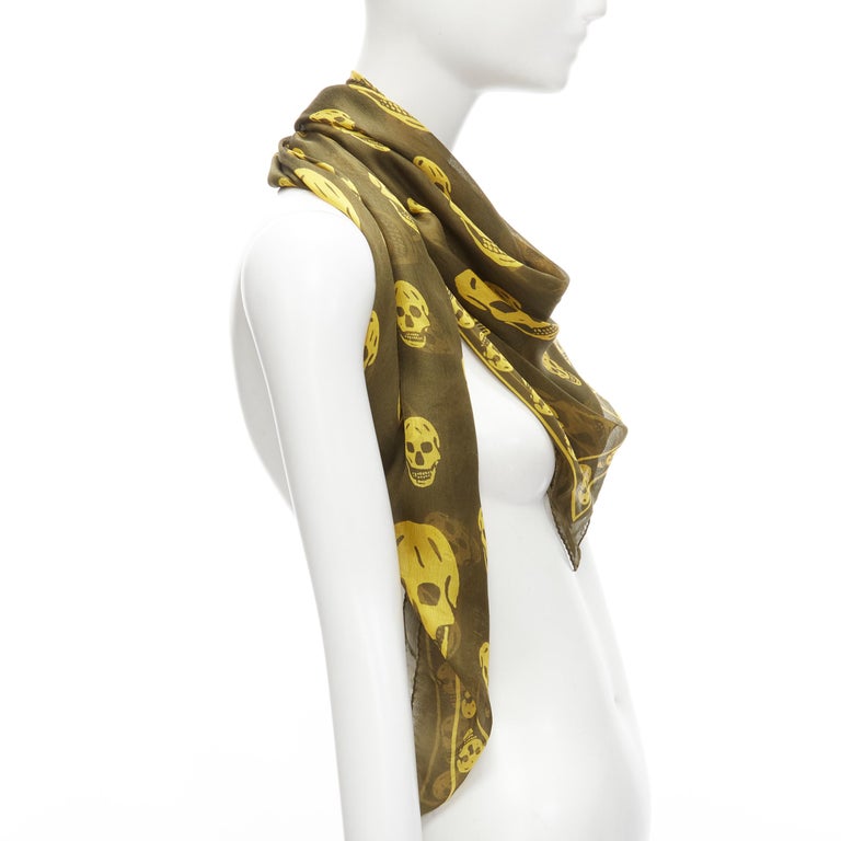 ALEXANDER MCQUEEN Signature skeleton skull green yellow 100% silk scarf ...
