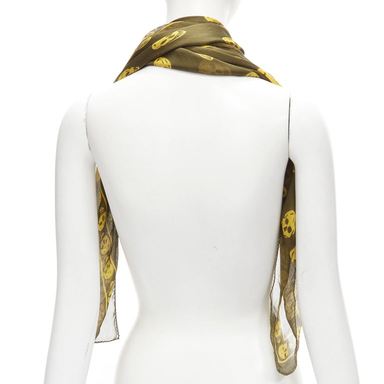 ALEXANDER MCQUEEN Signature skeleton skull green yellow 100% silk scarf ...